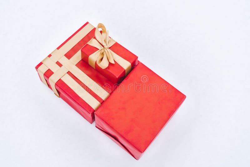 Top View of Red Gift Boxes with Golden Ribbons Stock Photo - Image of ...