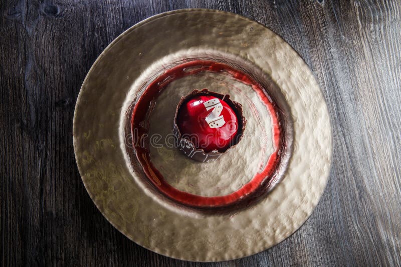Top View on Red Glazed Mousse Cake in Apple Shape with Chocolate Stock ...