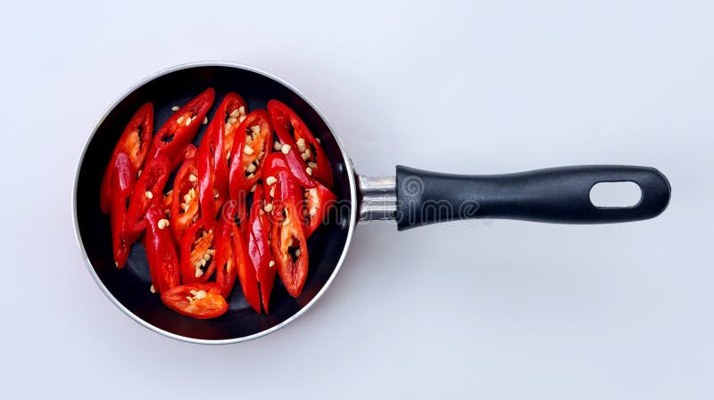 Top View, Red Hot Chili Chopped on Frying Pan Stock Photo - Image of ...