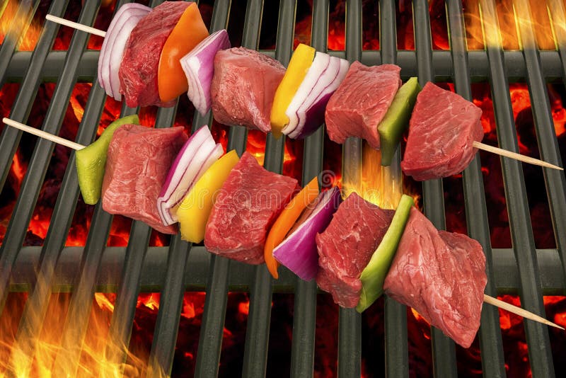 Top View of Red Meat Skewers Being Grilled Stock Photo - Image of ...