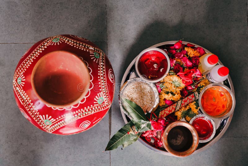 Top View of a Red Pitcher and Other Ritual Items for an Indian Hindu ...