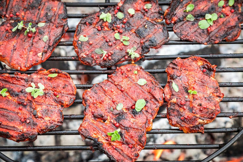 Top View of Red Pork Neck on a Hot Grill Stock Image - Image of grilled ...