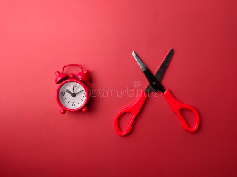 Top View Red Scissors with Red Alarm Clock Stock Image - Image of ...