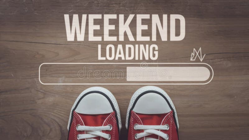 Top View of Red Sneakers by "Weekend Loading" Progress Bar, Symbolizing ...