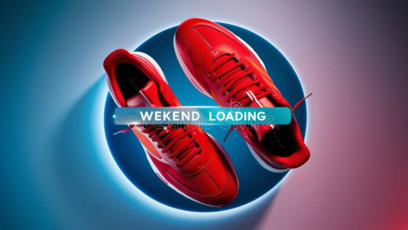 Top View of Red Sneakers by "Weekend Loading" Progress Bar, Symbolizing ...