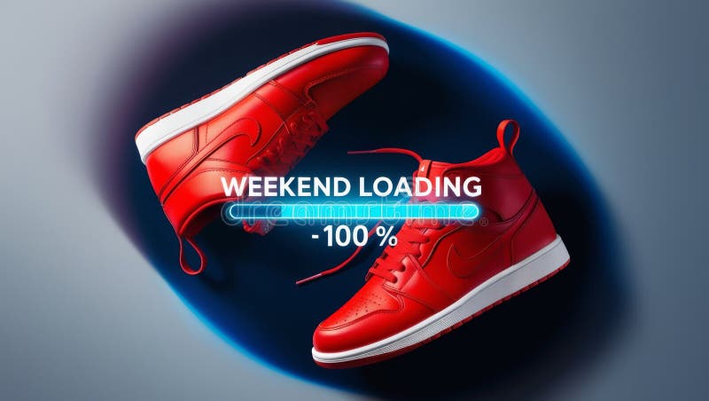 Top View of Red Sneakers by "Weekend Loading" Progress Bar, Symbolizing ...