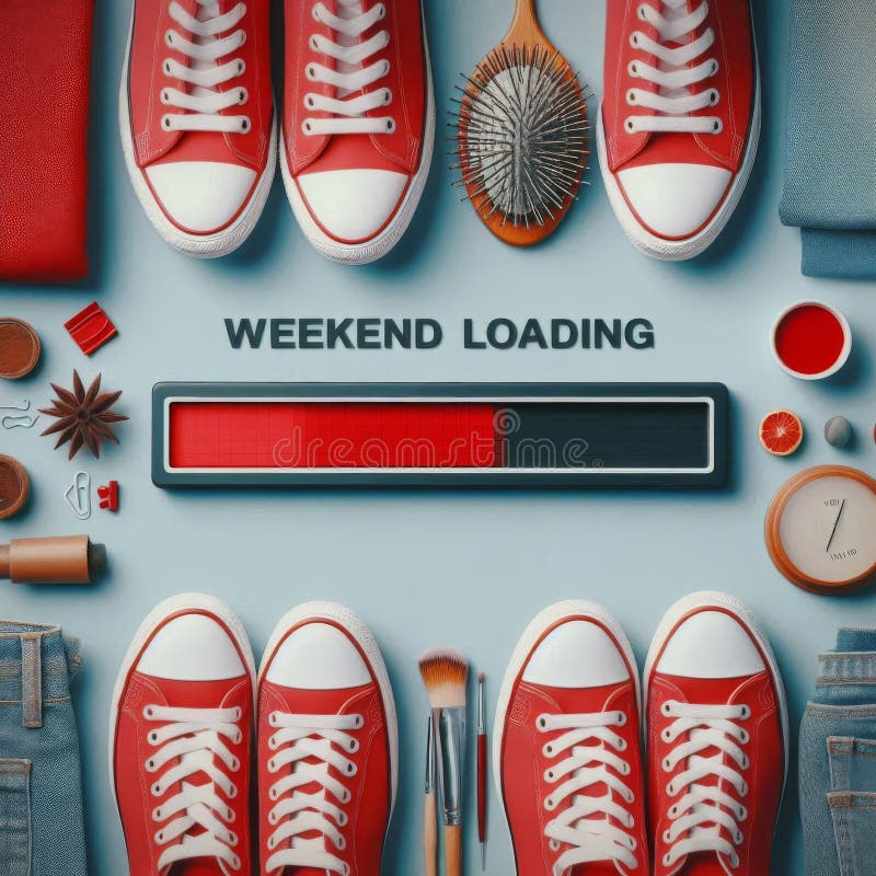 Top View of Red Sneakers by "Weekend Loading" Progress Bar, Symbolizing ...