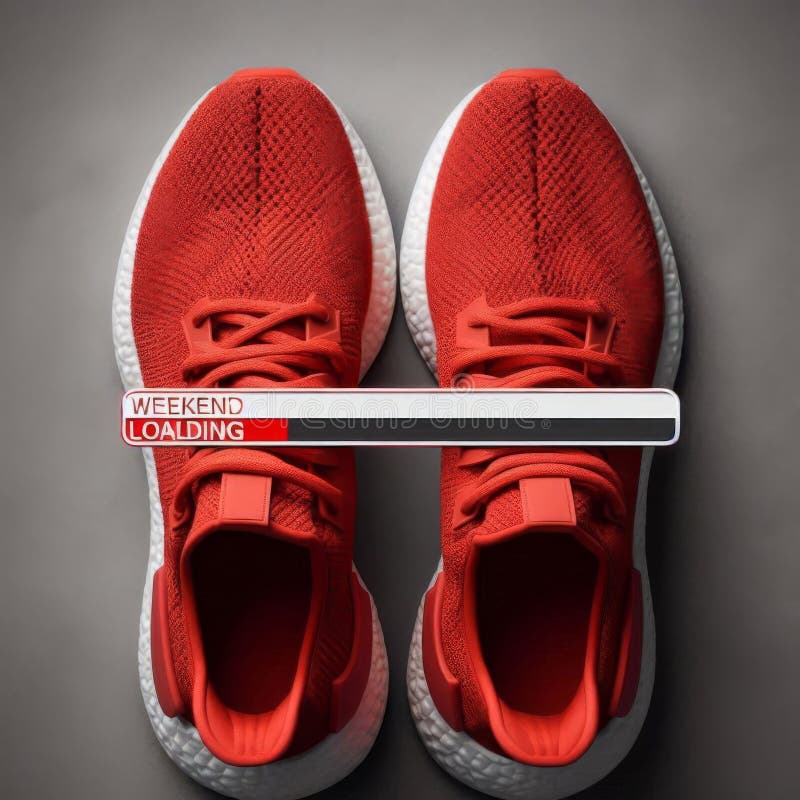 Top View of Red Sneakers by "Weekend Loading" Progress Bar, Symbolizing ...