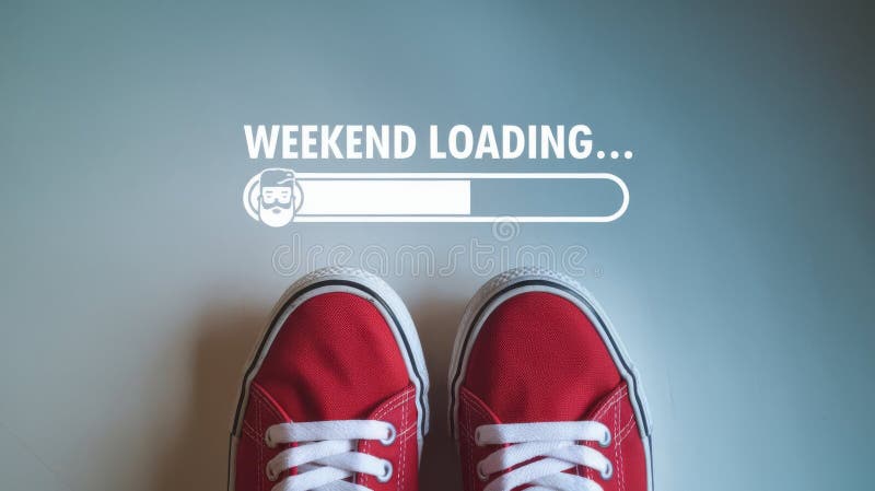 Top View of Red Sneakers by "Weekend Loading" Progress Bar, Symbolizing ...