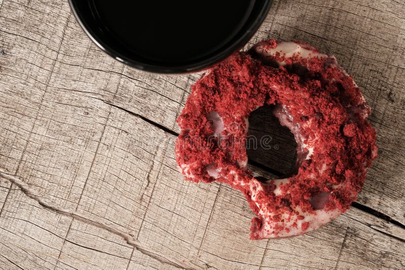 Top View of Red Velvet Donut on Wooden Table Stock Photo - Image of ...