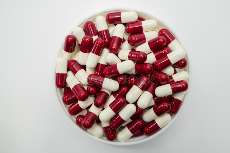 Top View of Red, White, Capsule Pills in Plastic Container Stock Image ...