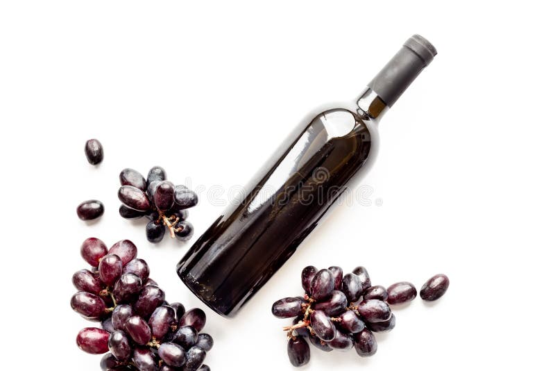 Top View of Red Wine Bottle Isolated with Grape Stock Photo - Image of ...