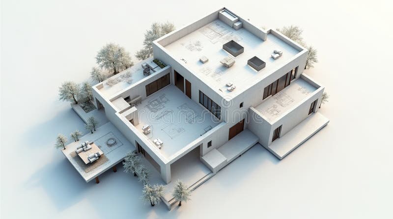 Top View of 3D Model House with Detailed Blueprint Layout Stock ...