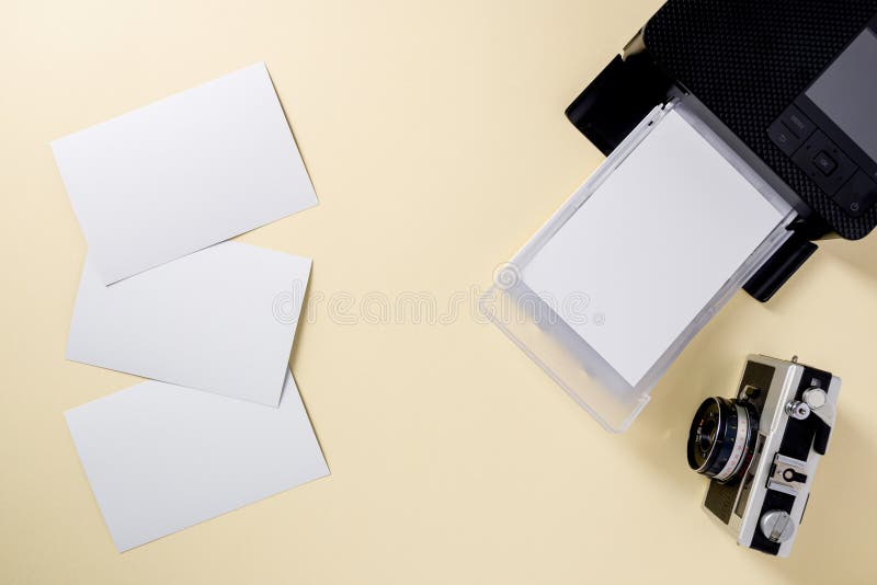 Top View of Retro Camera, Blank Photo Papers and Mobile Photo Printer ...