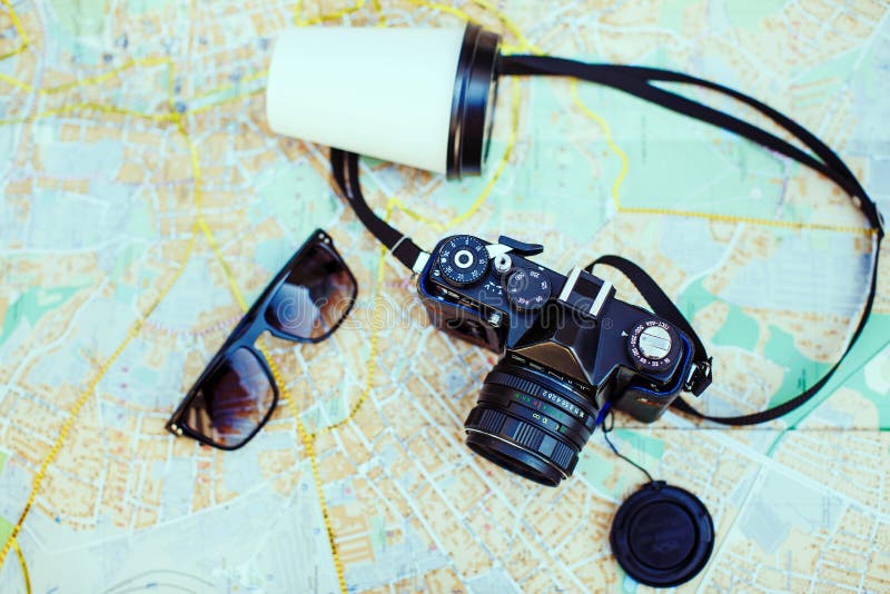 Top View Retro Camera, Cup and Sunglasses Stock Image - Image of shot ...