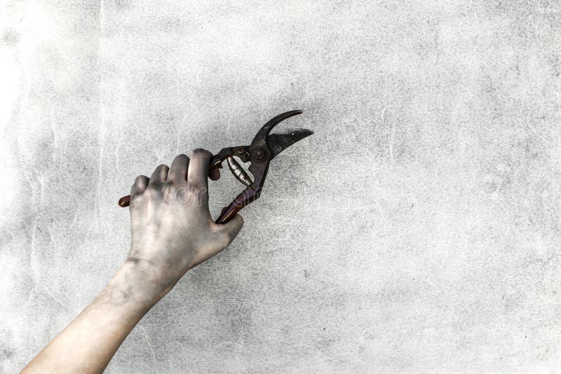 Top View Retro Working Tools with Hands on Gray Background Stock Photo ...