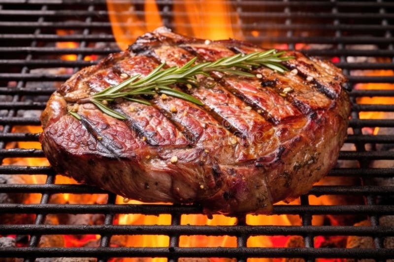 Top View of a Ribeye Steak Over Intense Grill Flames Stock Image ...