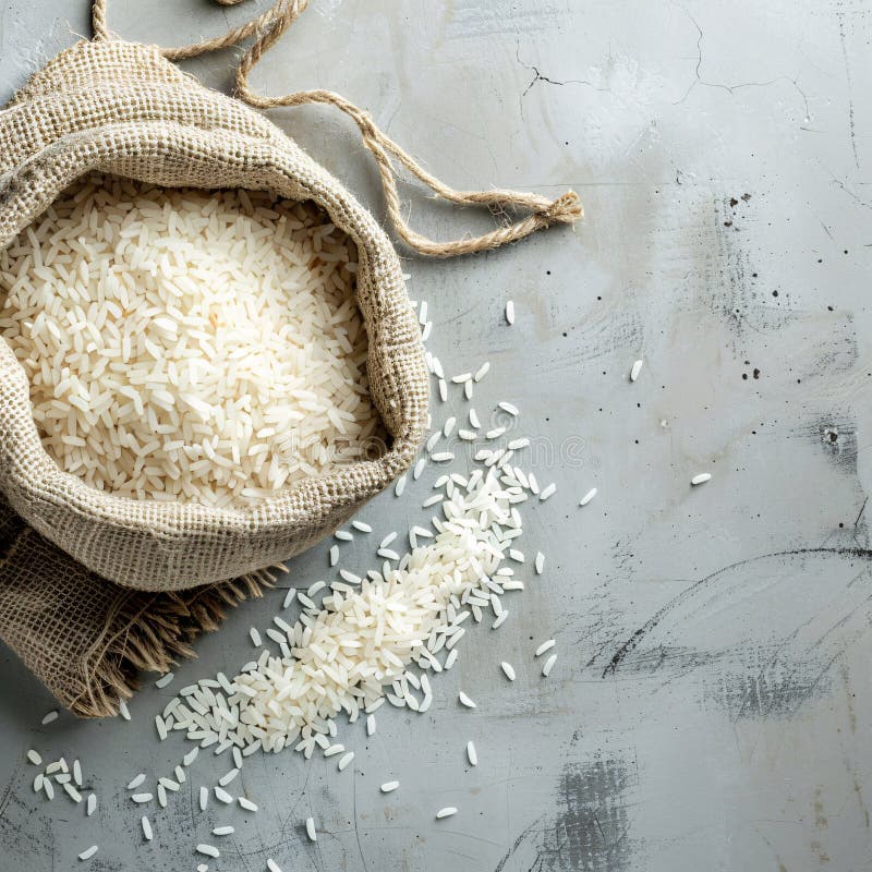 Top View of Rice in Canvas Bag with Copy Space on Grey Stock ...