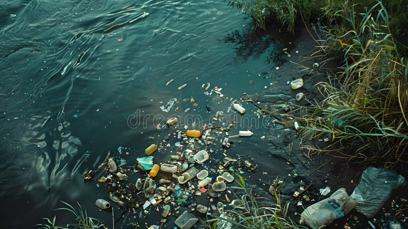 Top View of a River Bank with Garbage Floating among Plants in a ...