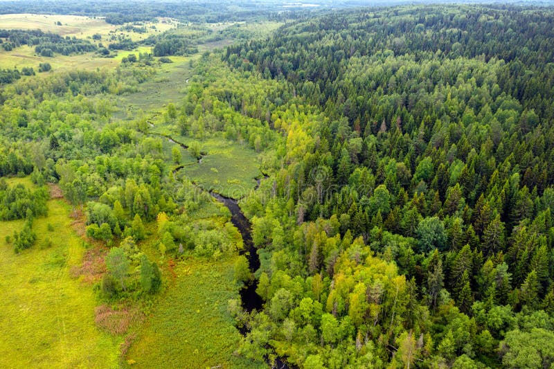 Aerial View of a River Flowing through a Wooded Area Stock Image ...