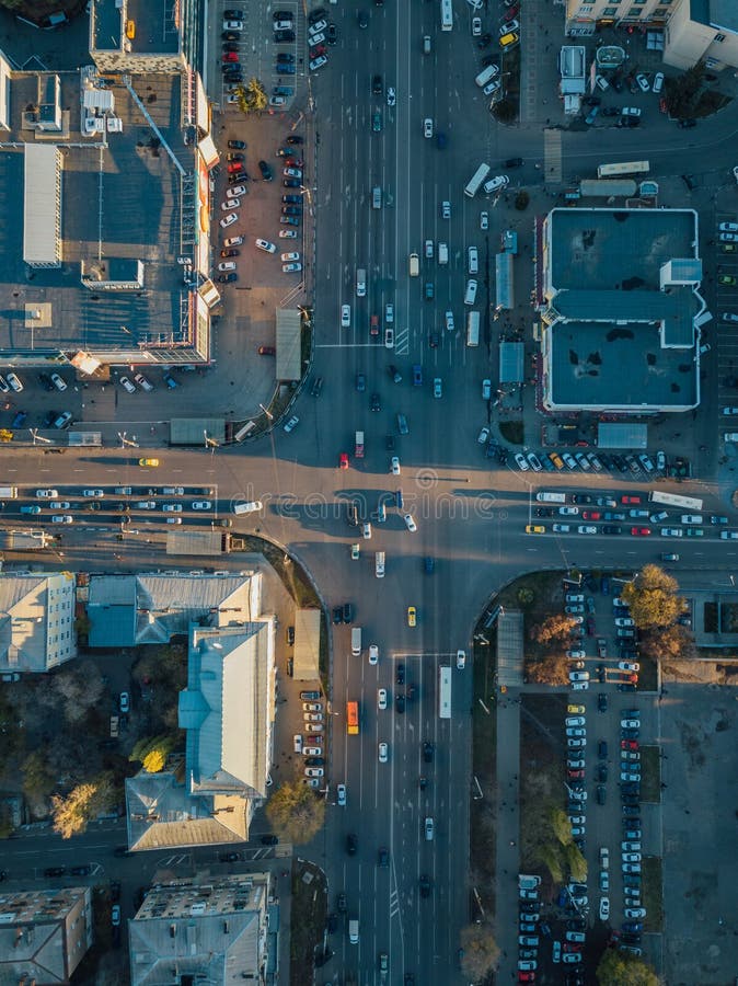 Top View of Road Intersection and Parking Lot Taken by Drone Stock ...