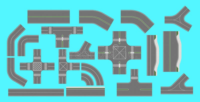 Top View Road Network Elements – Road and Street Map Set Illustration ...