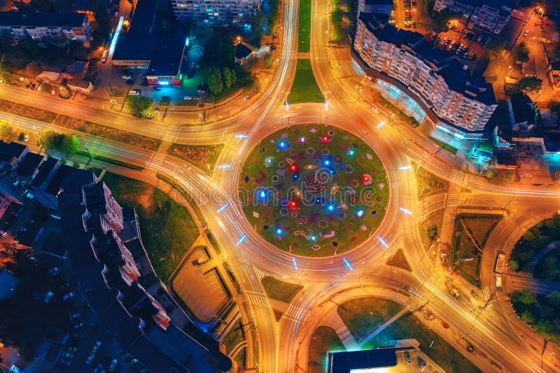 Top View of Road Roundabout. Cityscape Downtown at Night Stock Image ...