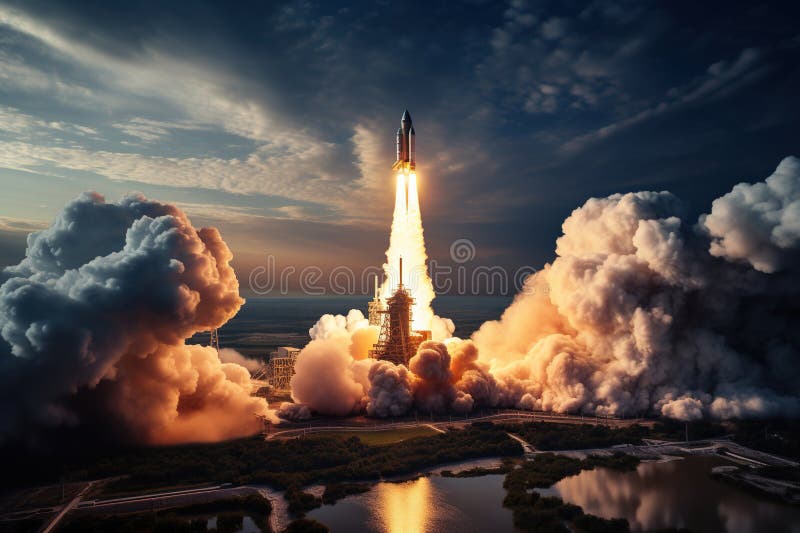 Top View of a Rocket Launching into Space. Fire and Clouds of Smoke ...