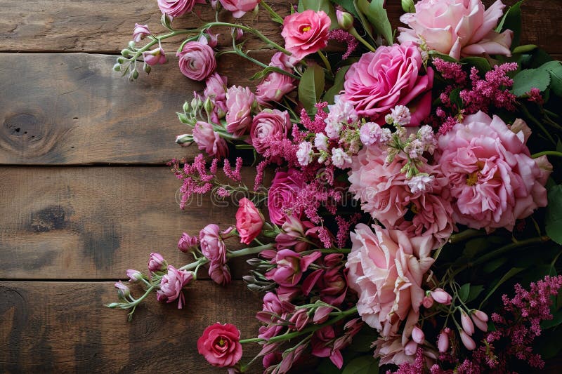 Top View of Rose Spring Flower Frame or Floral Border Rustic Wooden ...