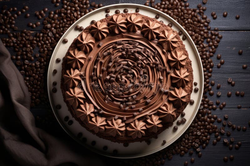 Top View of Round Baked Chocolate Cake Decorated with Chocolate Curls ...