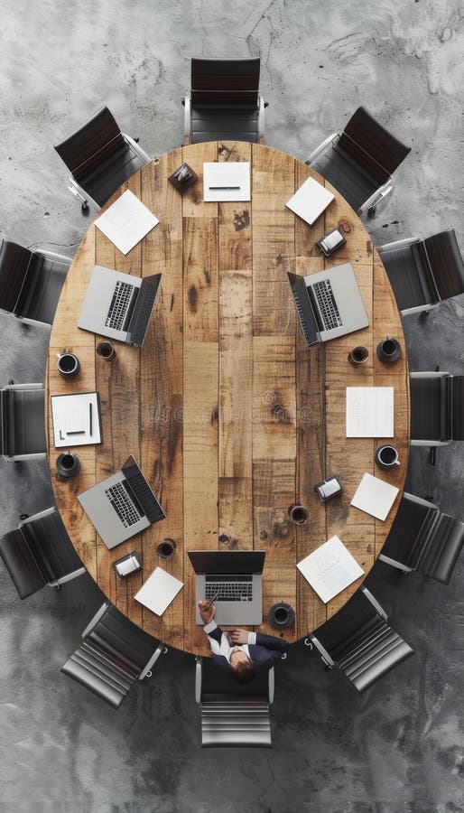 Top View of a Round Table Surrounded by Ten Business Owners in a Bright ...