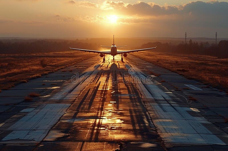 Top View of the Runway with an Airplane at Sunset, Dawn. Generated by ...