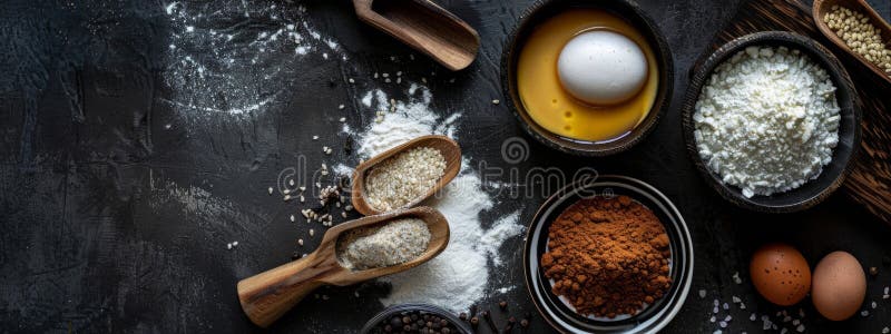 Top View of Rustic Baking Ingredients on a Dark Textured Background ...