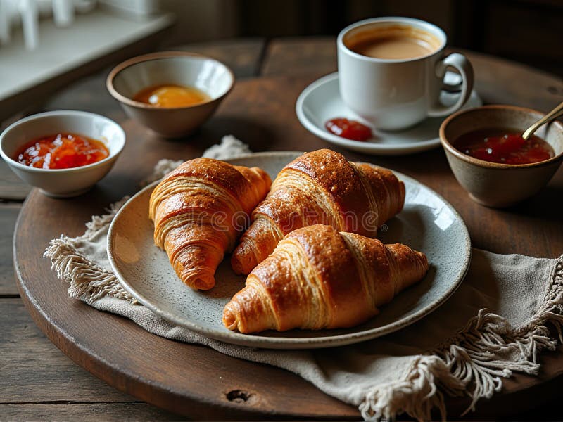 Top View of a Rustic Breakfast Setup with Croissants and Jam, Ai Stock ...