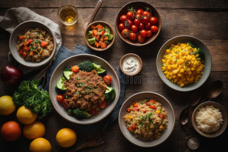 Top View, Rustic Menu of Healthy Food Vegetables Rice and Fruit Stock ...