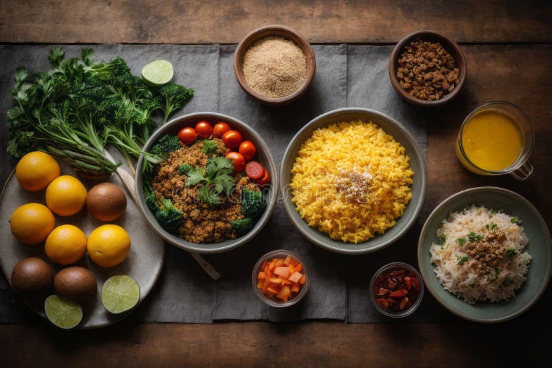 Top View, Rustic Menu of Healthy Food Vegetables Rice and Fruit Stock ...