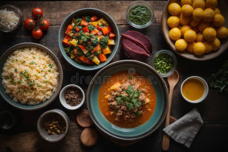 Top View, Rustic Menu of Healthy Food Vegetables Rice and Fruit Stock ...