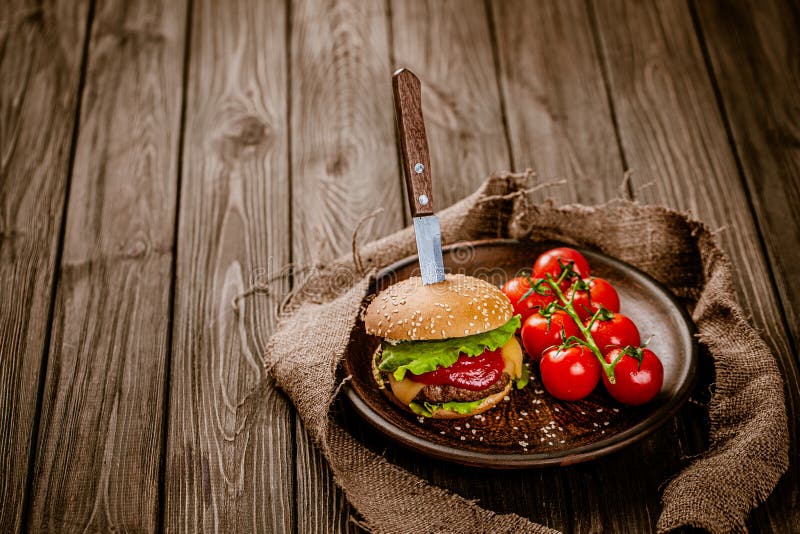 Top View of Rustic Serving Appetite Beef Burger with Knife on Wooden ...