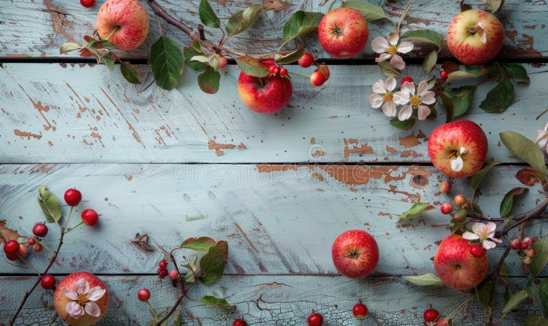 Top View of a Rustic Wooden Table with Various Autumn Apple Varieties ...