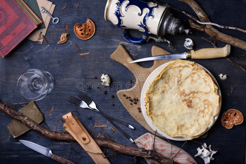 Top View of a Rusty Table with Pancakes, Hunters Hut Vintage Sty Stock ...