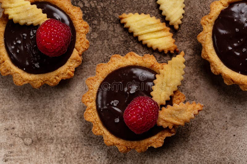 Top View of Salted Chocolate Mini Tarts with Chocolate Ganache Cream ...