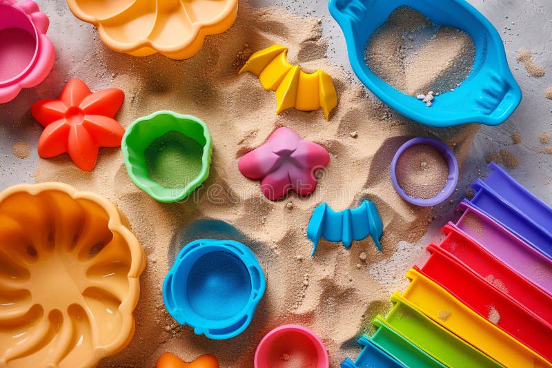 Top View of Sandbox with Colorful Molds with Copy Space for Text Stock ...