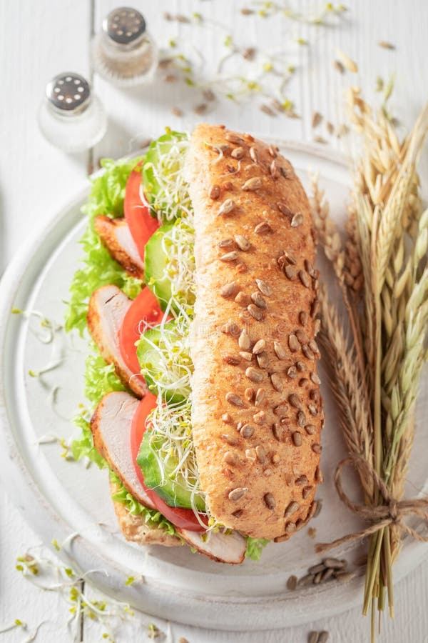 Top View of Sandwich with Grilled Chicken, Tomato and Cucumber Stock ...