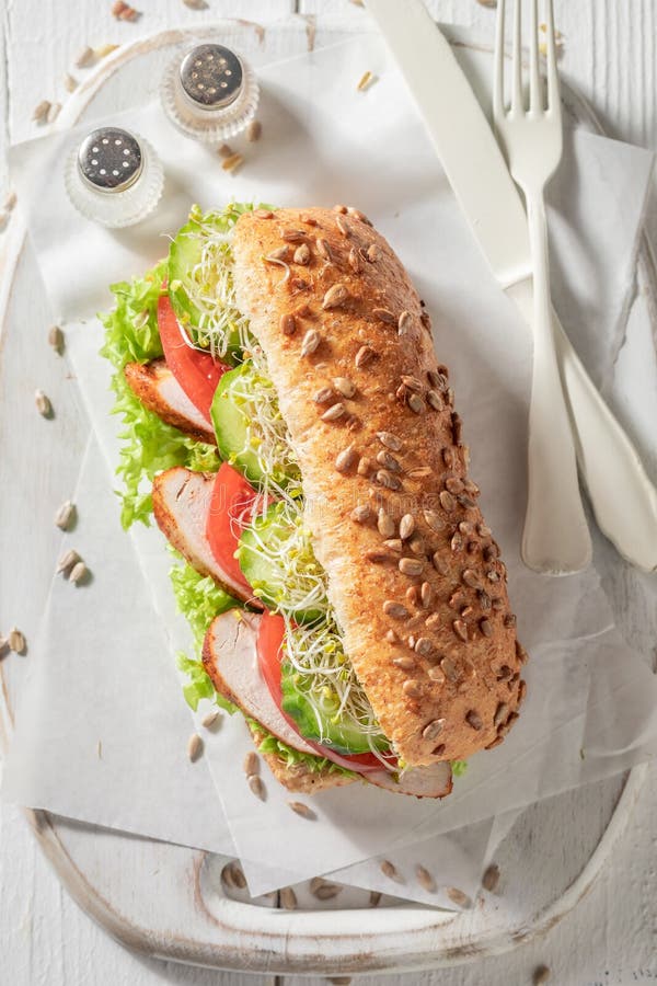 Top View of Sandwich with Roasted Chicken and Fresh Vegetables Stock ...