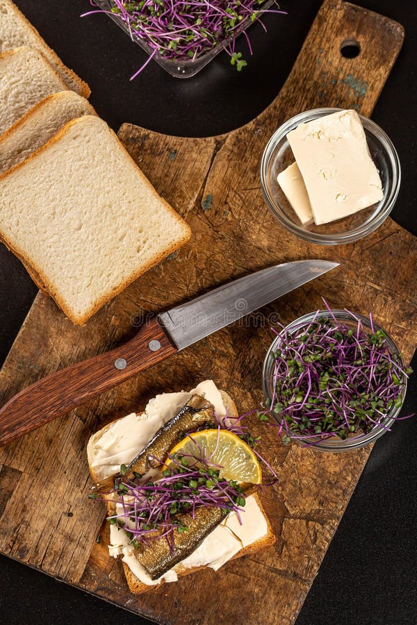 Top View, Sandwich with Sprats, Microgreens of Cabbage and a Slice of ...