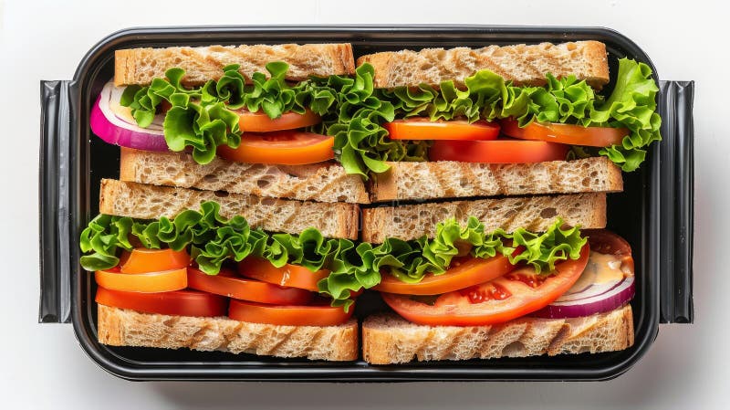 Top View of Sandwich and Veggies in Lunch Box on White Background Stock ...