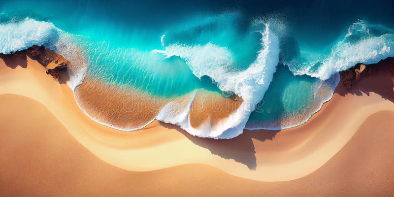 Top View, Sandy Beach with the Ocean and Waves Visible in the ...
