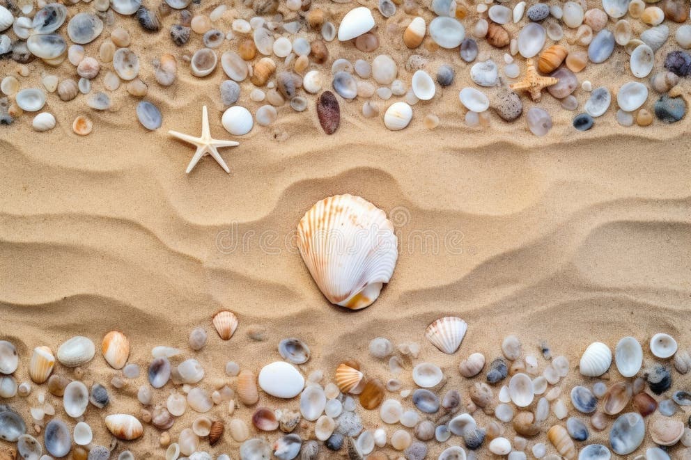 Top View of Sandy Beach with Shells and Pebbles Stock Photo - Image of ...