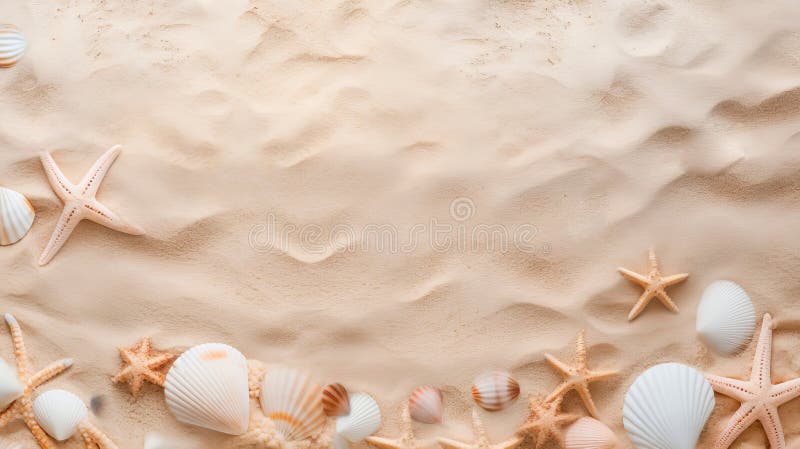 Top View of a Sandy Beach Texture with Exotic Shells. Stock Photo ...