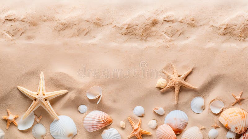 Top View of a Sandy Beach Texture with Exotic Shells. Stock Photo ...